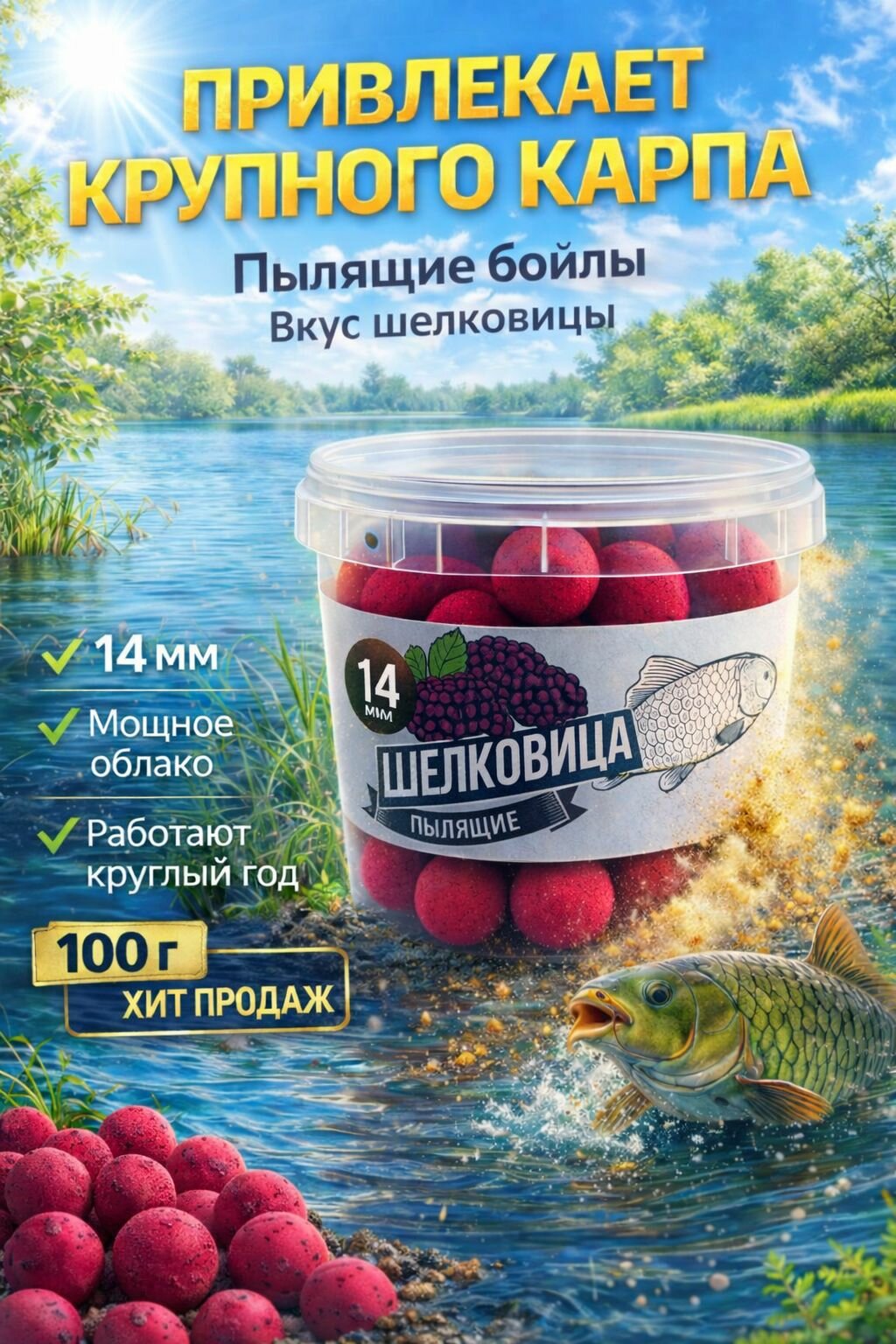Бойлы на карпа пылящие 14 мм 100 г, вкус Шелковица, насадка и прикормка для карпфишинга