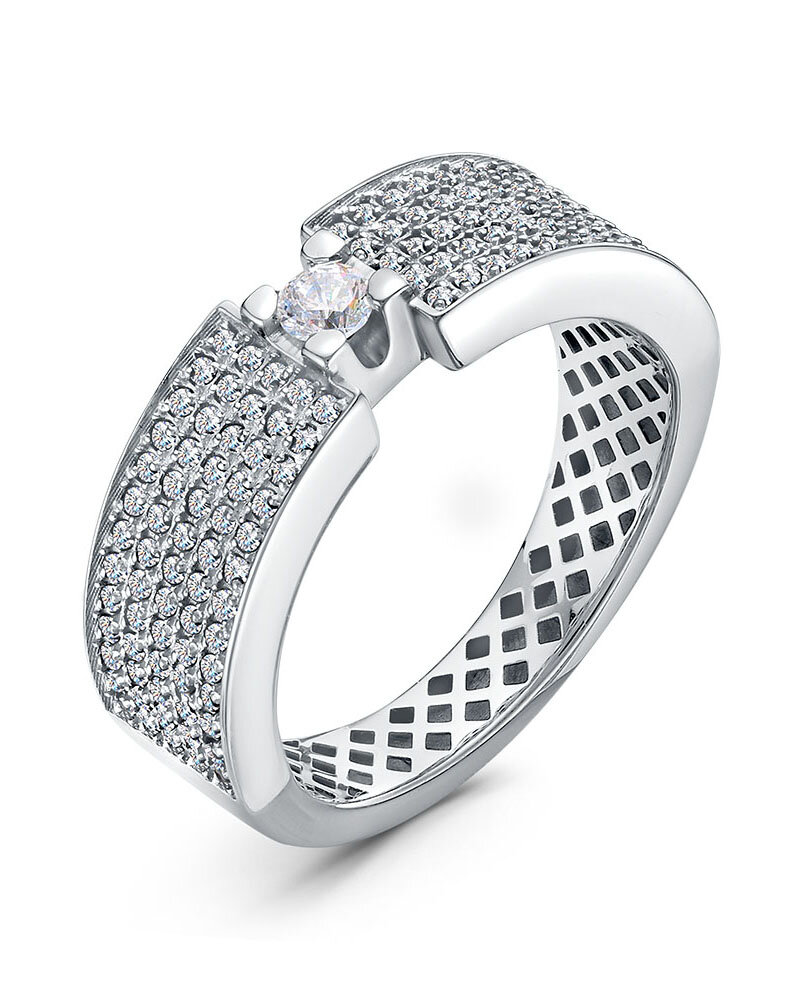 Кольцо на фалангу, широкое, серебро, 925 проба, родирование, фианит