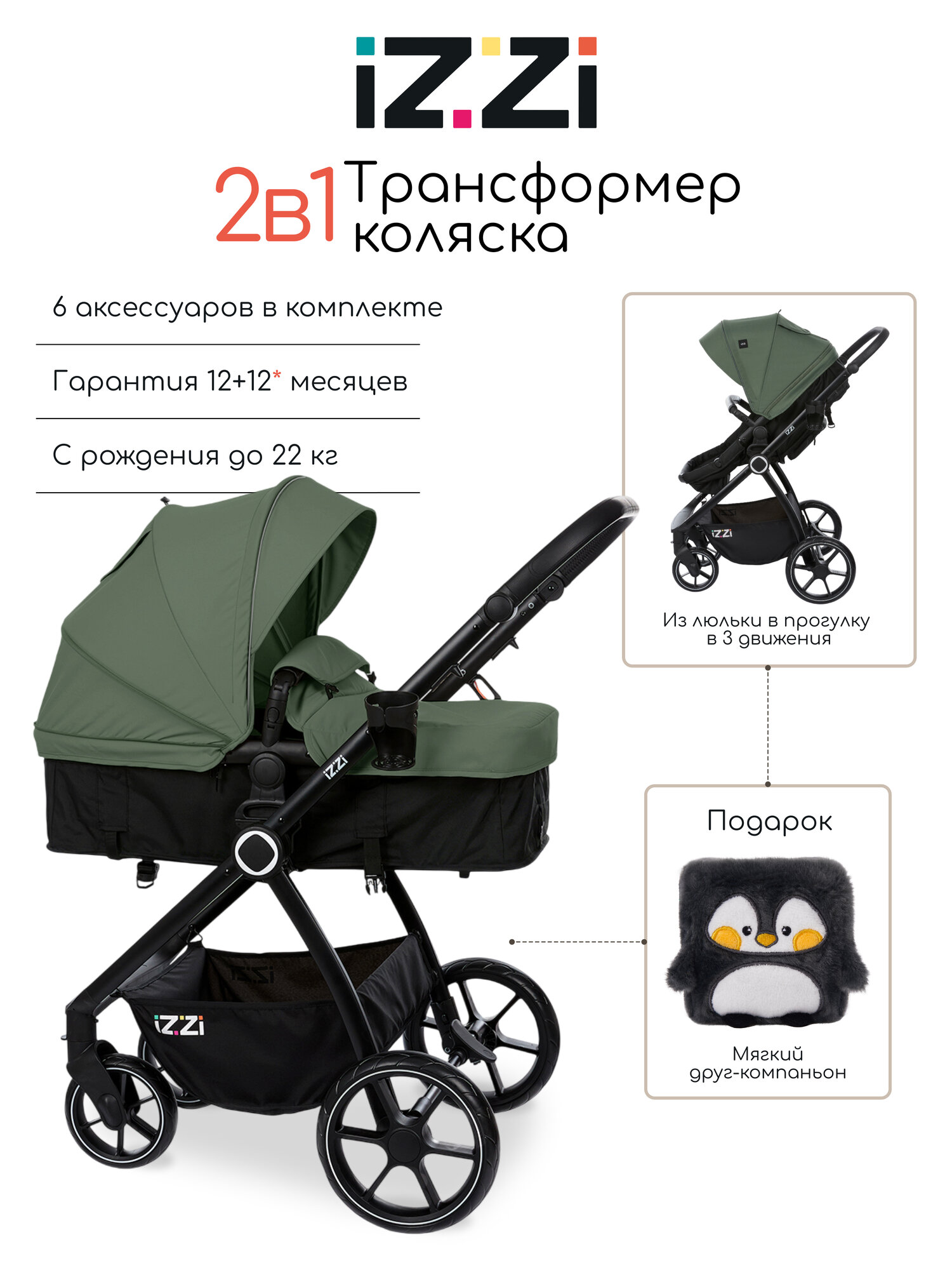 Коляска-трансформер 2в1 для новорожденных iZZi с реверсивным блоком