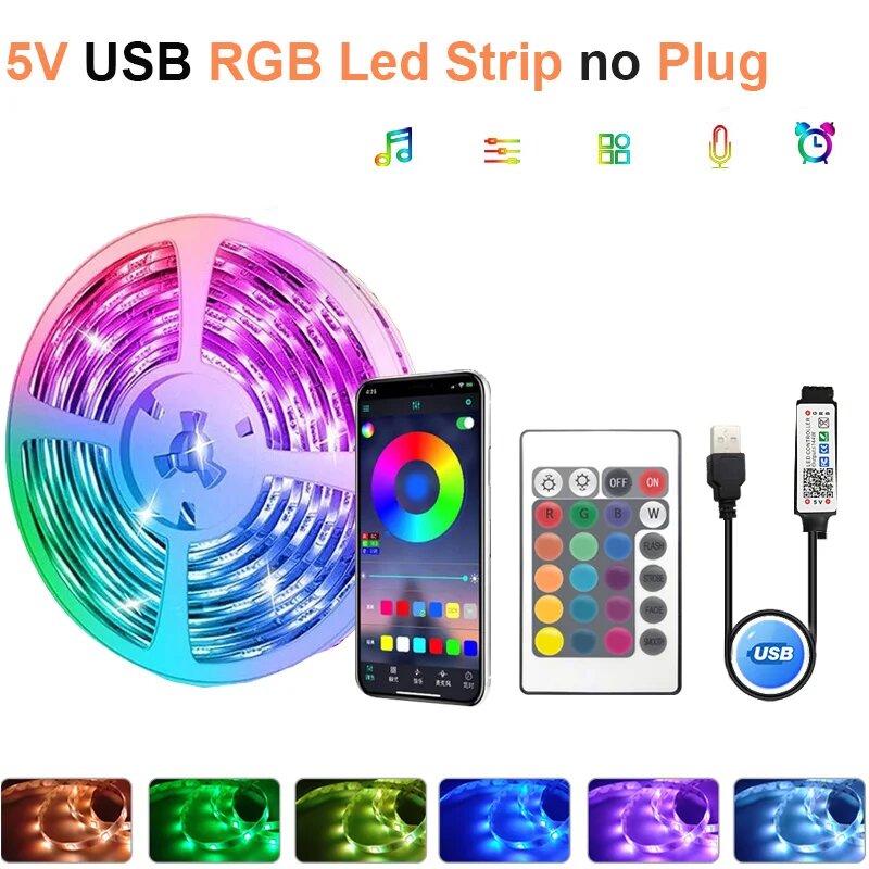 RGB светодиодная лента 24В, 5м-30м, с синхронизацией музыки, для дома USB no plug, 10M-32.8ft