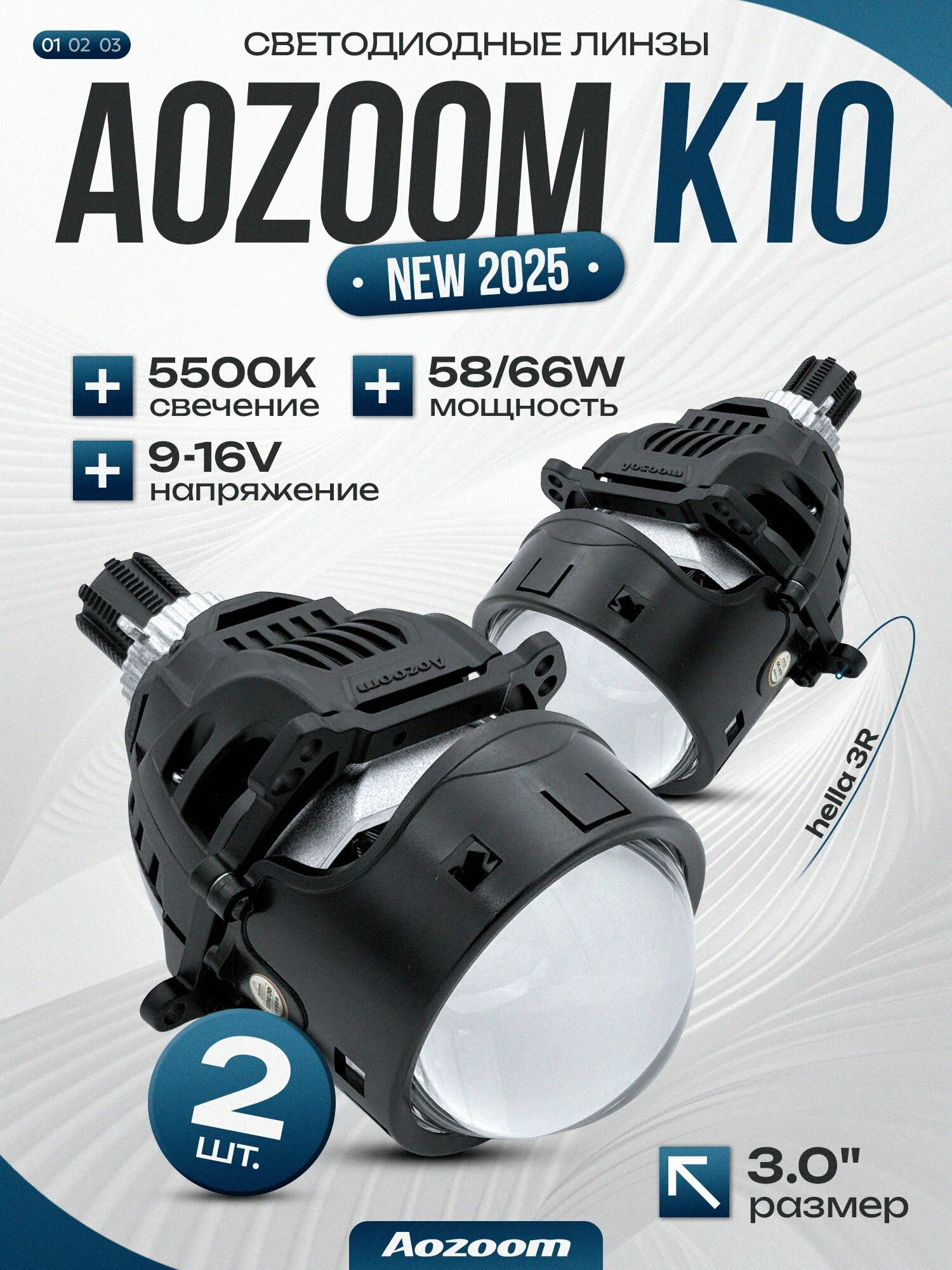 Светодиодные BI LED линзы в фары Aozoom K10 3.0 дюйма 2025