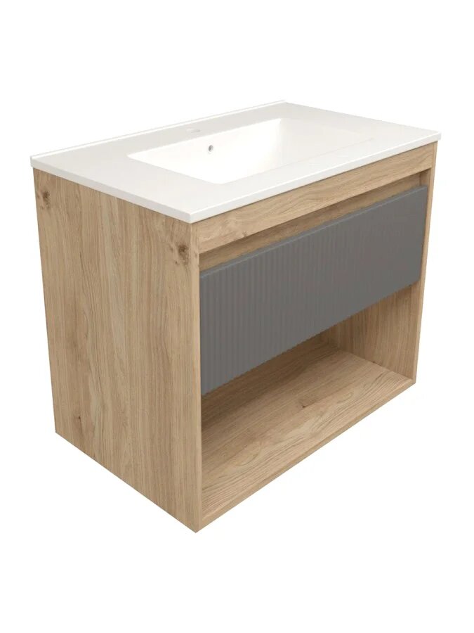 Тумба с раковиной Teymi Vitra 80 подвесная, 81 см, серая, светлое дерево, матовая, из МДФ, с ящиками, раковина для ванной, фарфоровая, прямоугольная