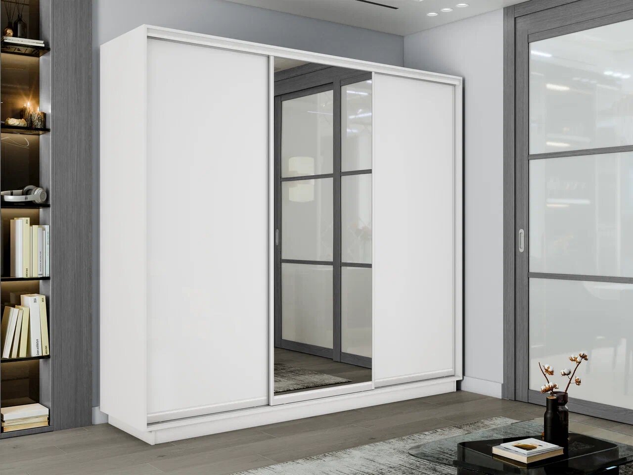 Шкаф-купе Экспресс 180х220х60 см, ДСП/Зеркало/ДСП Белый снег