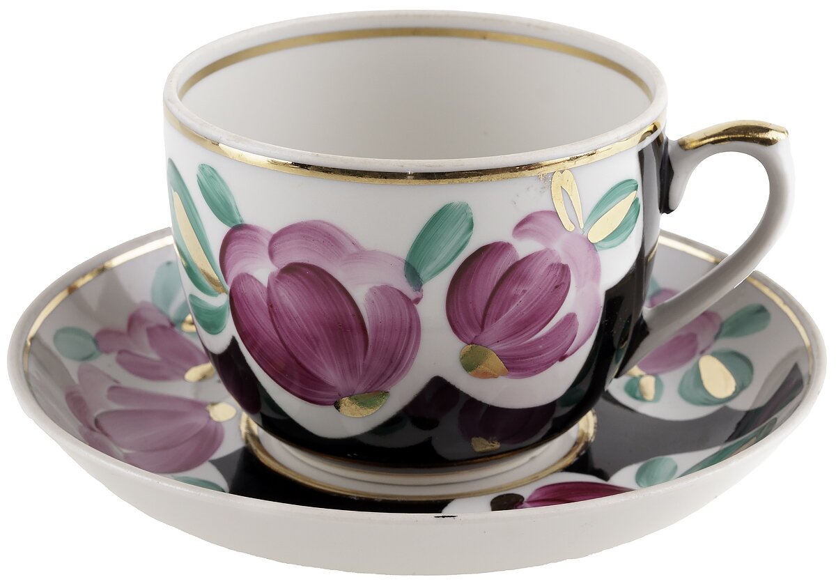 Чайная пара "Цветы на черном", Фарфор, винтаж, агашки, Вербилки, СССР, 1965-1991 гг.