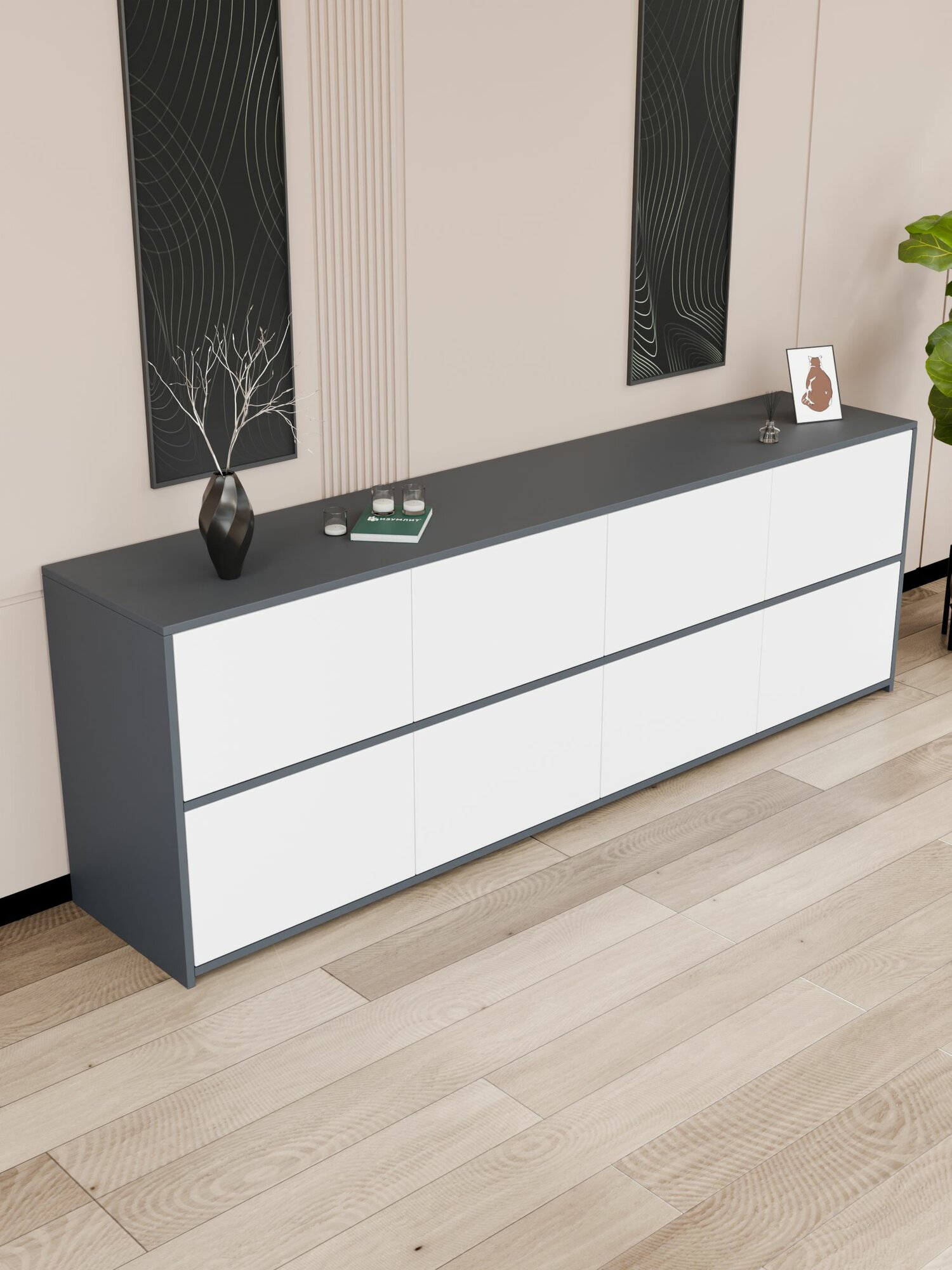 Изумлит Комод для белья и одежды Каллисто 200х66.8х40 см, графит/белый