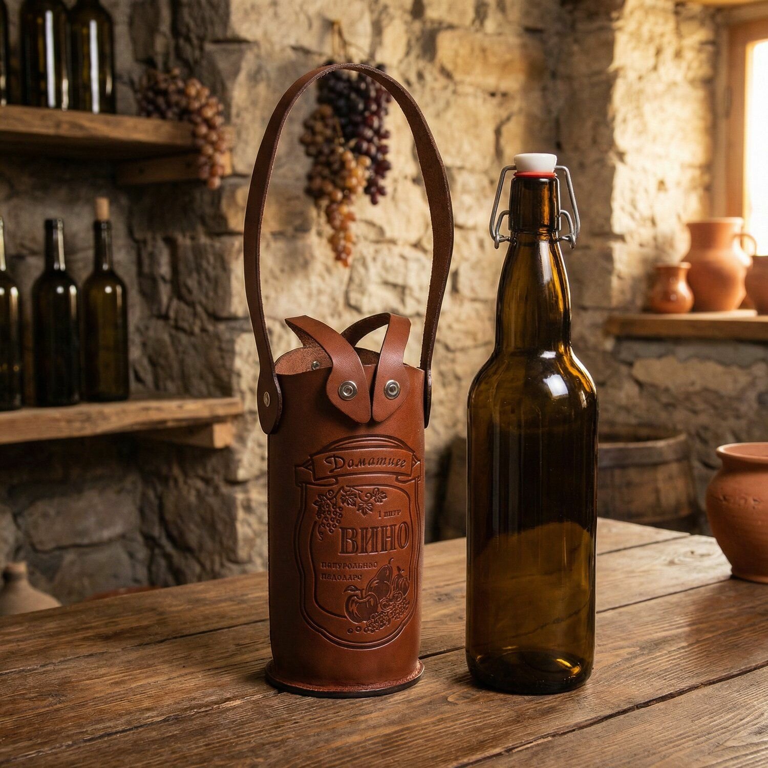 Бутыль Вино 1л. стеклянная в чехле из натуральной кожи СК.34. Т. Вино