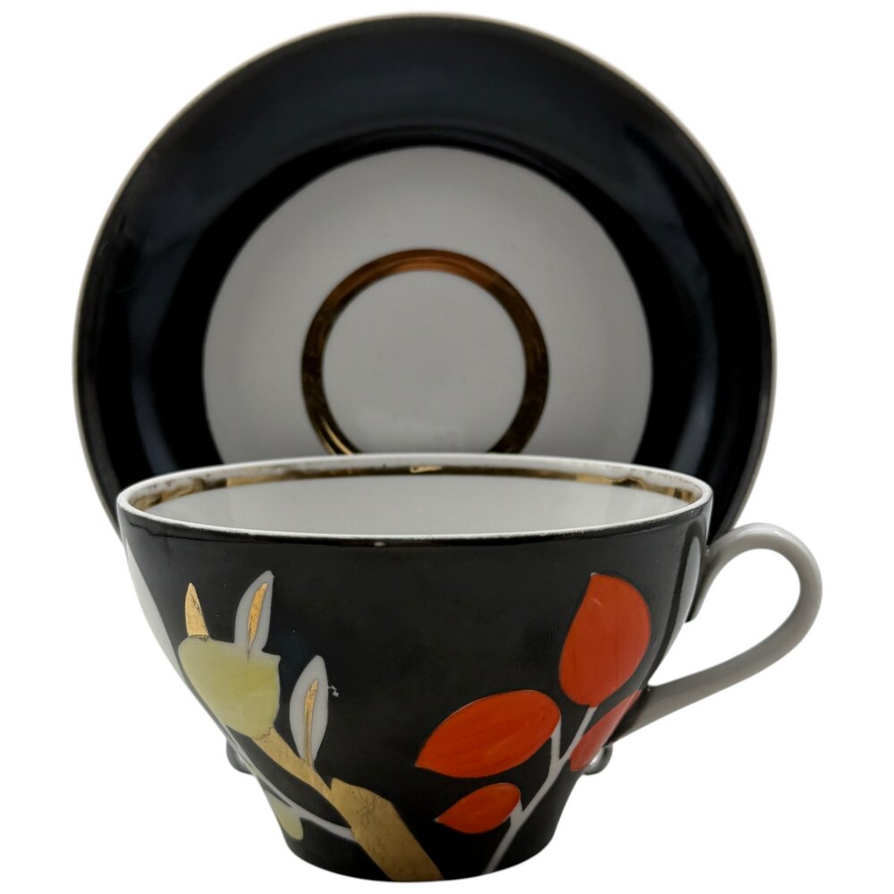 Чайная пара "Веточки", 300 мл, крытье, позолота, роспись, 1960-1980 гг, 1 сорт, Дулево, СССР