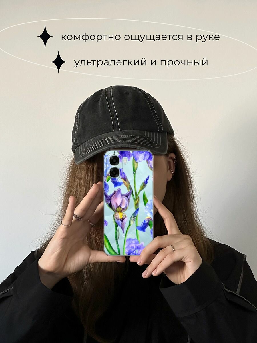 Чехол на Oppo A6x / Оппо A6x с принтом Синие ирисы, прозрачный — фото 1