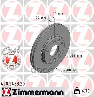 Диск тормозной ! перед. 280x24/44-5x114 Dacia Duster 1.5D 10>, Renault Megane 1.2-2.0/1 Zimmermann арт. 470243320