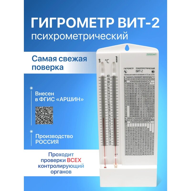 Гигрометр ВИТ-2 психрометрический Первый термометровый завод с поверкой РФ (от 15 до +40), Арт. 2343567