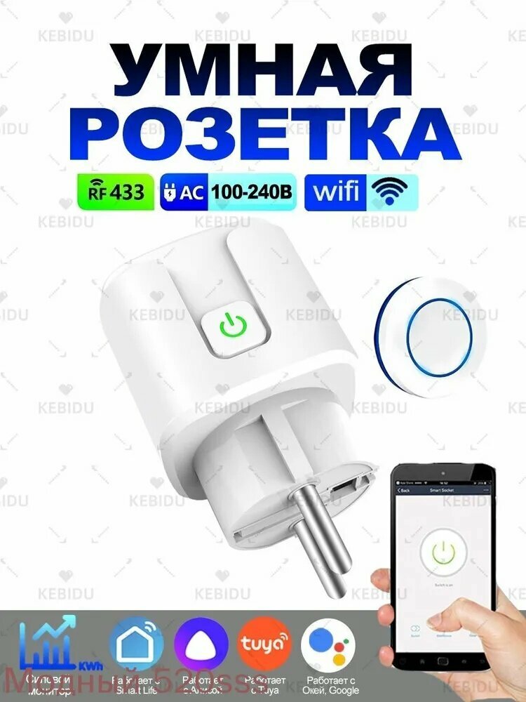 Умная розетка Wi-Fi c 433 МГц пульт, отслеживанием энергопотребления