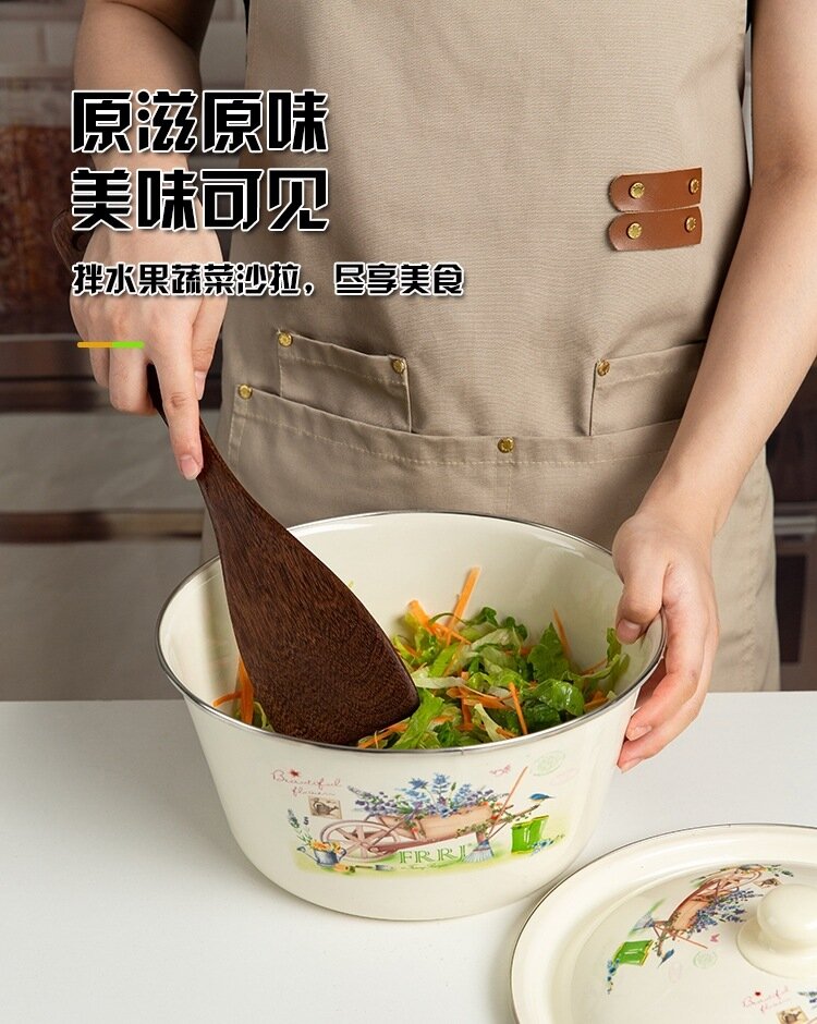 Утолщенная эмалированная миска для пищевых продуктов, домашняя масляная емкость с крышкой, суповая миска, традиционная банка для сала и миска для теста, фарфоровая емкость