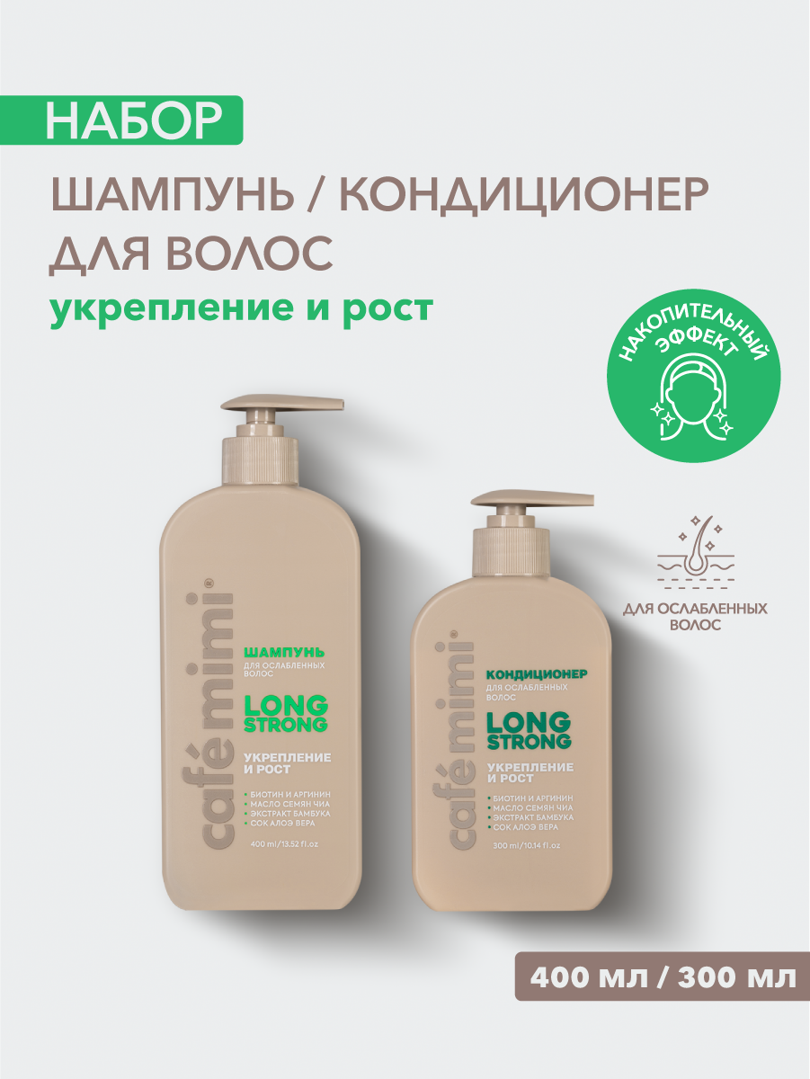 Набор Cafe Mimi "LONG STRONG" Укрепление и рост, Шампунь и Кондиционер, для волос 400мл/300 мл