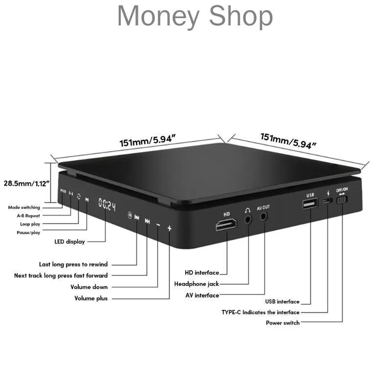 DVD-плеер портативный с HDMI, USB, AV OUT. Поддержка DVD, CD, и различных форматов видео и аудио, чёрный цвет — фото 1