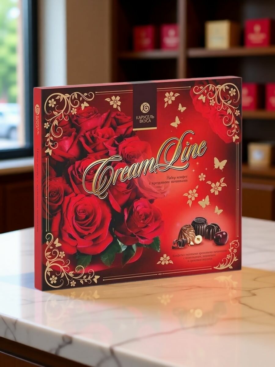 Набор конфет "Cream Line" (Красные розы) с шоколадным, вишневым и ореховым вкусами 340гр 1шт