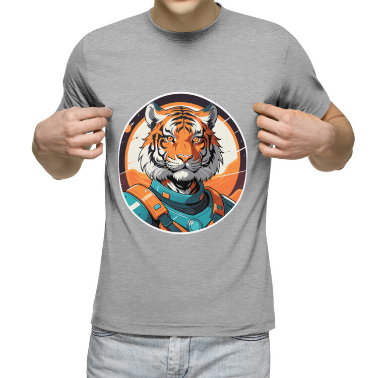 Мужская футболка «Тигр-воин» (серый меланж, 2XL)