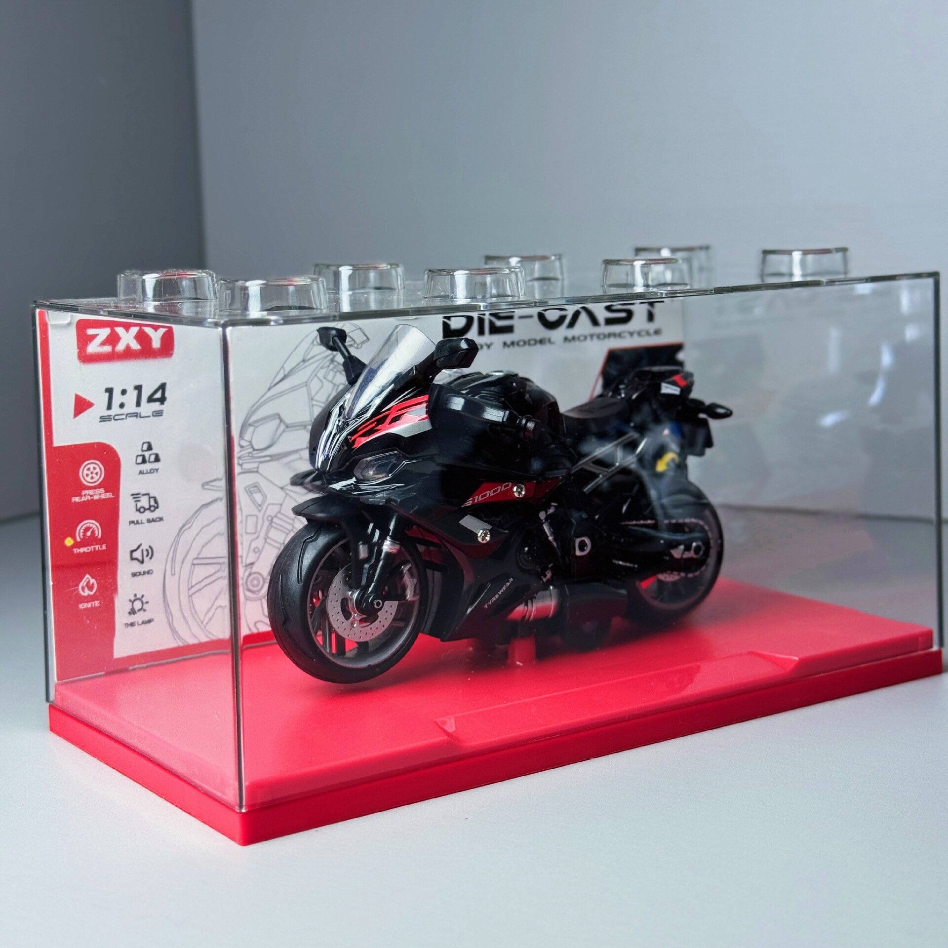 Детская игрушка-модель мотоцикла BMW S1000RR из сплава с функцией обратного хода, звуком, светом и музыкой.