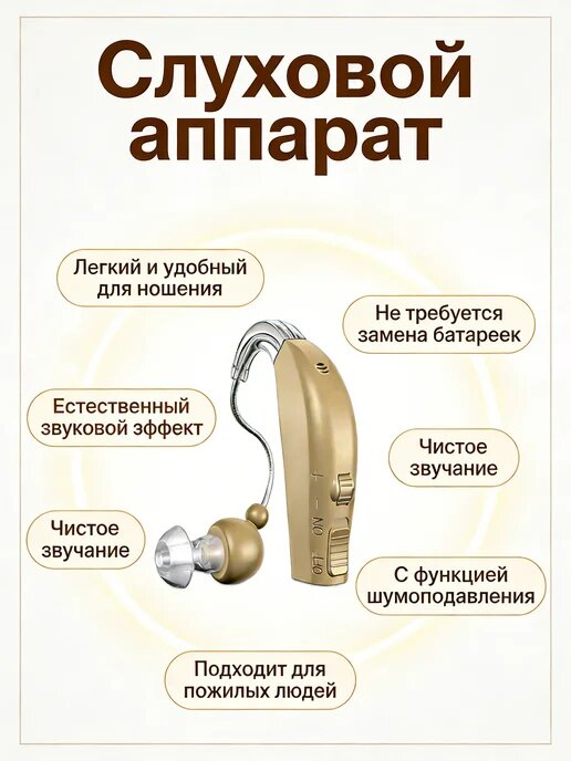 Усилитель слуха, усиление звука до 20Х, перезаряжаемые, за ухом, бежевые