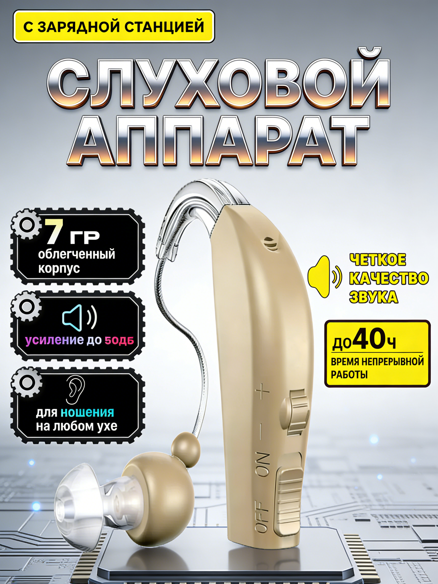 Слуховой аппарат, усиление звука до 30Х, влагозащита, мягкие амбушюры