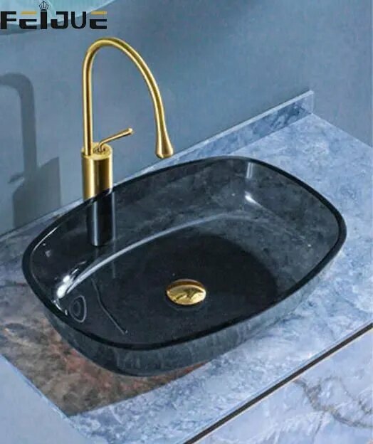 Раковина накладная стеклянная в ванную, для умывальника, для кафе и ресторана, 54х41x11 см, синяя