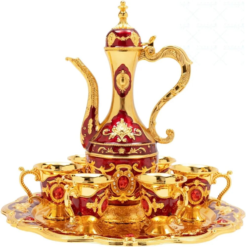 Чайный сервиз Турецкий на 6 персон, золотистый с красным узором