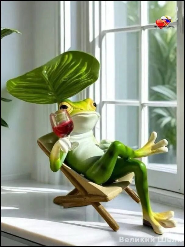 Садовая фигурка Лягушка с бокалом вина в кресле под листом, 30 см