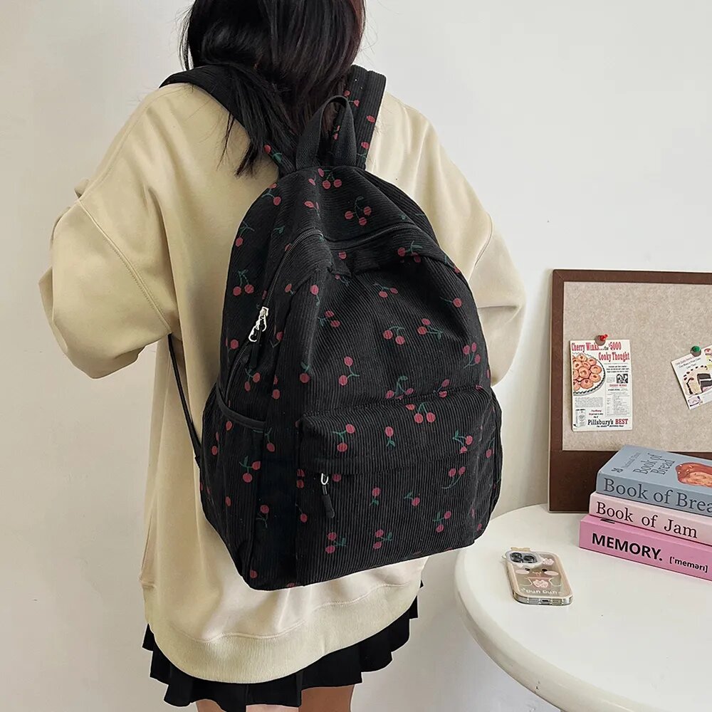Milochic Рюкзак женский вельветовый с принтом вишня и подвеской, размер 420 × 310 × 140 мм — фото 1
