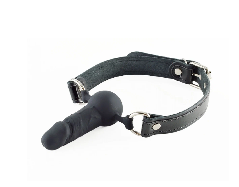 Кляп-страпон Sitabella "Фаллос-Ремешок", натуральная кожа, черный, 9.5 см
