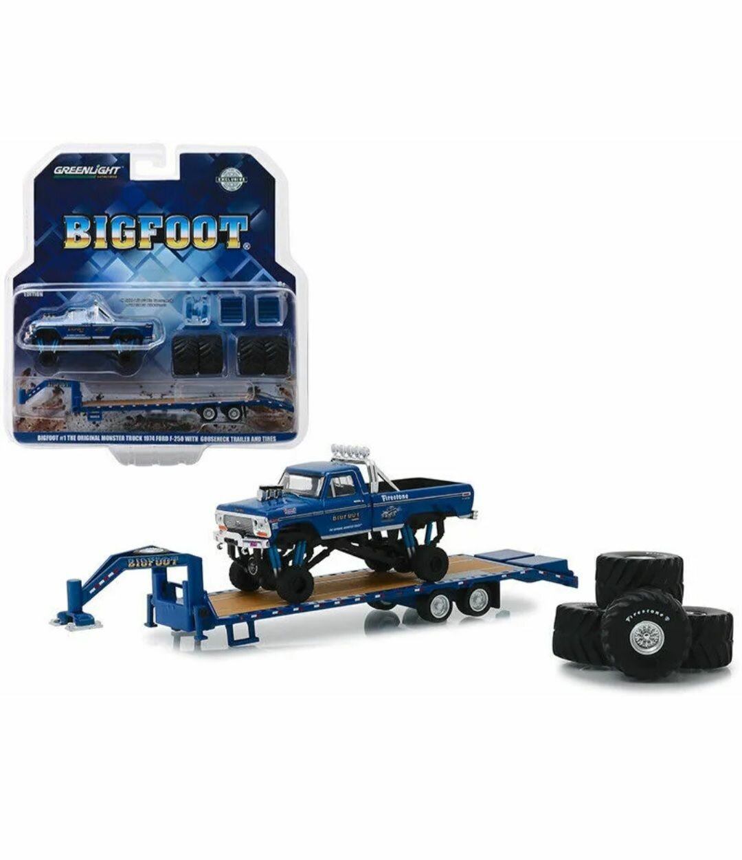 Набор FORD F-250 BIGFOOT#1 The Original Monster Truck 1974г. with Gooseneer trailer and tires GREENLIGHT/1:64/ цвет синий