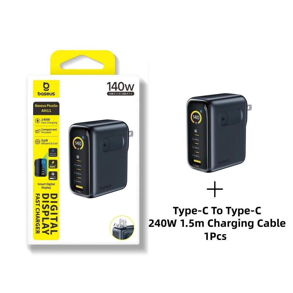 Быстрое зарядное устройство Baseus 140W GaN с 3 портами Type-C и 1 портом USB-A, портативное, складное, для нескольких устройств: iPhone, Xiaomi, Macbook