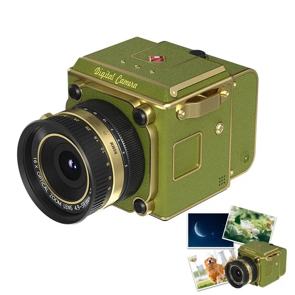 Зеленая ретро-камера 4K 64MP с 16x зумом