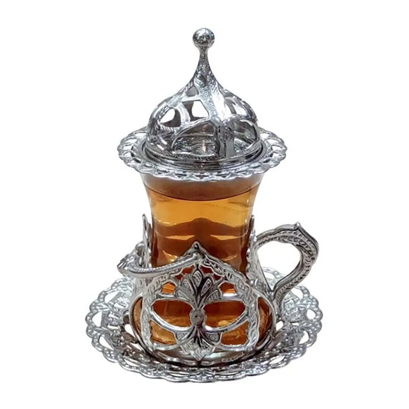 Стакан армуды для чая 120 мл 1 шт серебристый, в наборе с подстаканником и крышкой