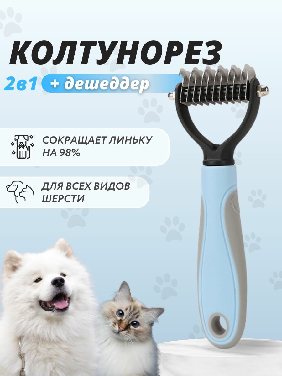Колтунорез и дешеддер для кошек и собак 2в1 синий, размер S, Расческа пуходерка для животных