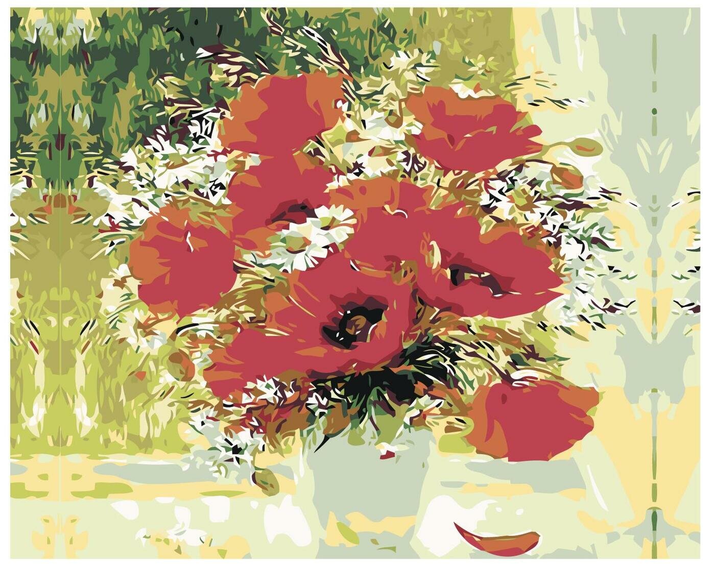 Картина по номерам, 40 x 50, KTMK-16609, букет, красные маки, ромашки, цветы, натюрморт, природа, окно