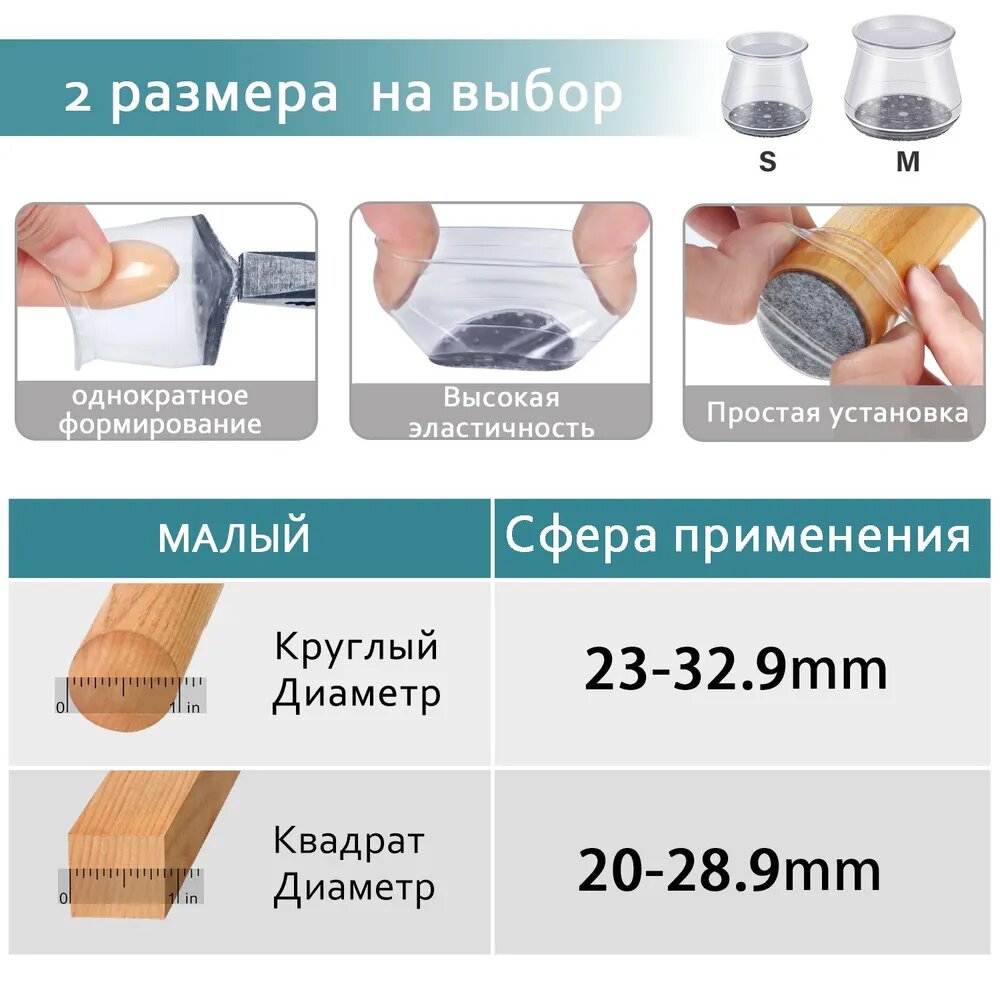 Протектор для мебели силиконовый прозрачный 16 шт для ножек стульев диаметр 23-32.9мм — фото 1