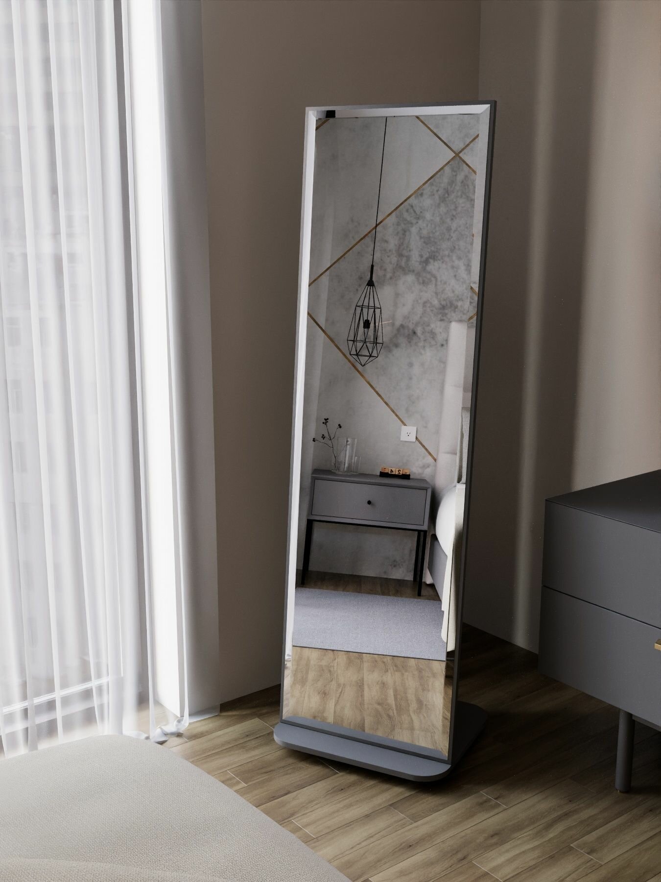 Зеркало напольное в полный рост, графит, с фацетом , на колесиках, 164*50 см , ЛДСП