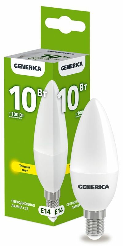 Лампа светодиодная C35 10Вт свеча 3000К E14 230В GENERICA LL-C35-10-230-30-E14-G-10 шт