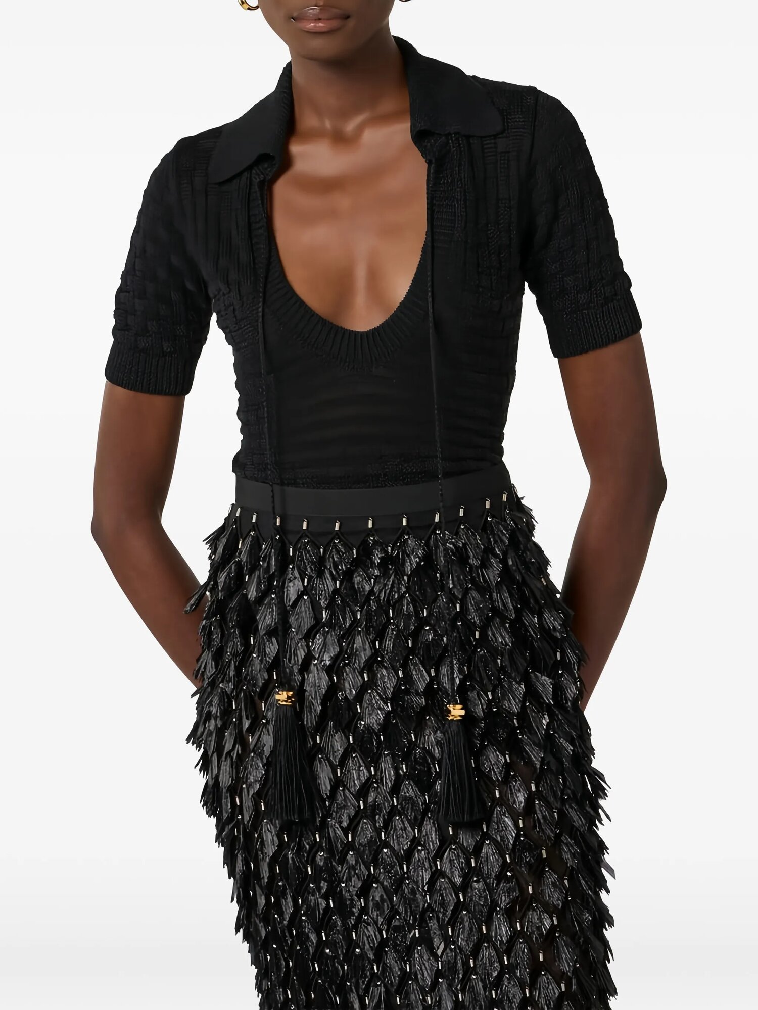 Топ Elisabetta Franchi Basket-stitch tassel knit top, размер 48, black/black — фото 1