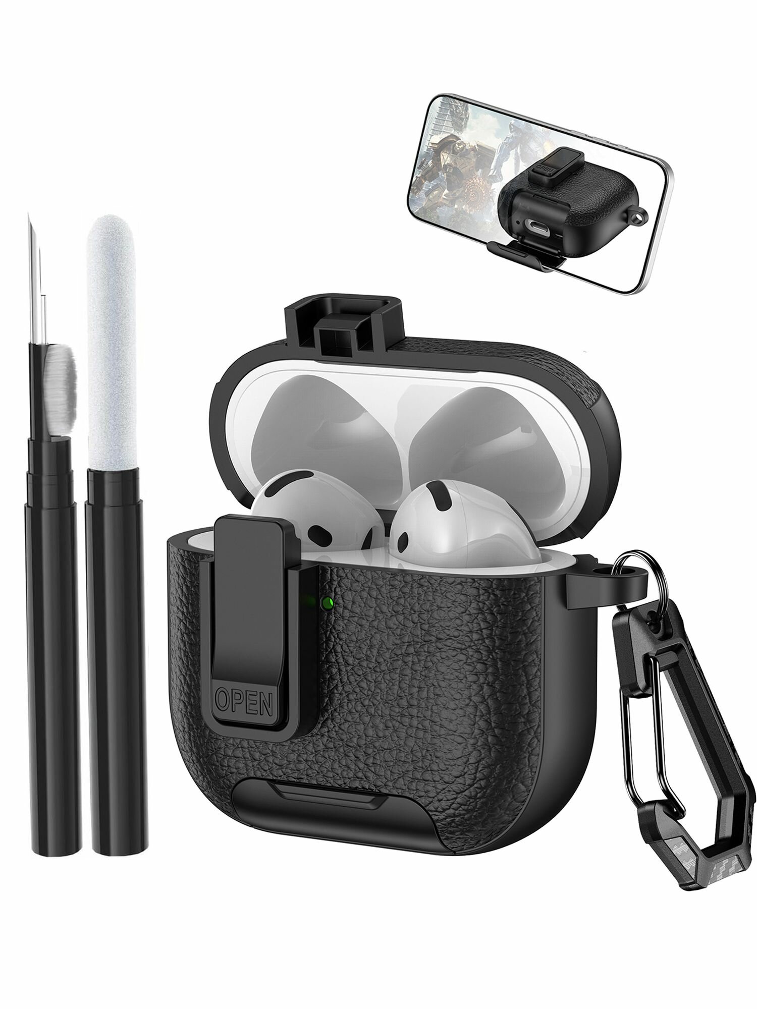 Чехол для наушников AirPods 4 (2024) пластик с текстурой кожи, с замком и карабином + щетка, черный