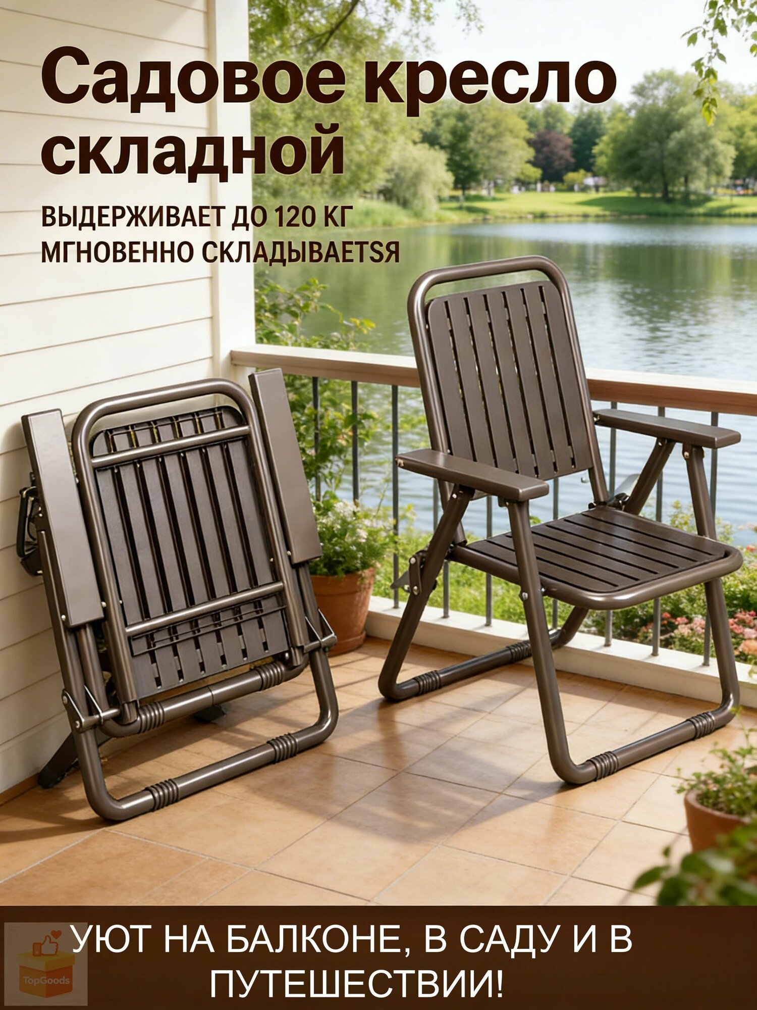 Садовое кресло складной, для балкона, пикника, дачи, рама стальная, ткань ПВХ, водостойкий,