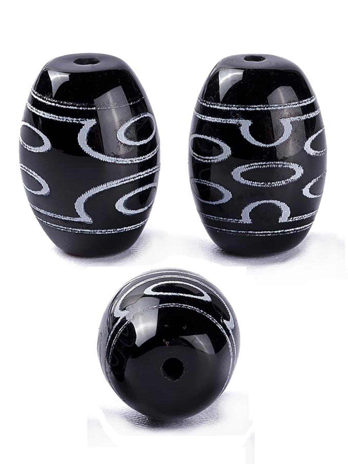 Бусина Дзи натуральный камень Агат черный с белым 7-глазая 0011090 цилиндр 14x10 мм, цена за 1 шт.