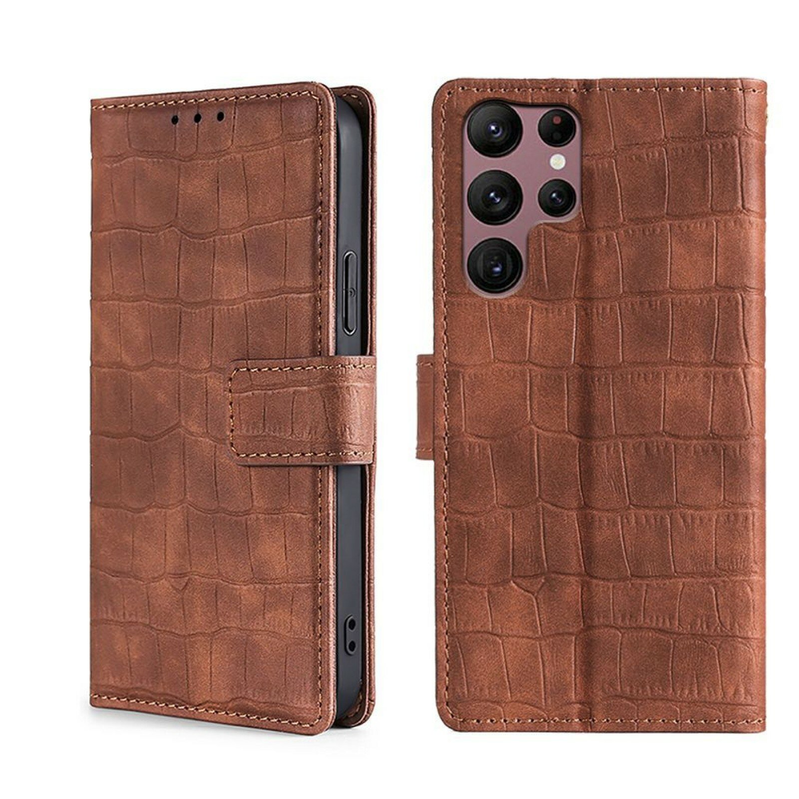 Чехол-книжка MyPads для Samsung Galaxy S22 Ultra из искусственной крокодиловой кожи коричневый