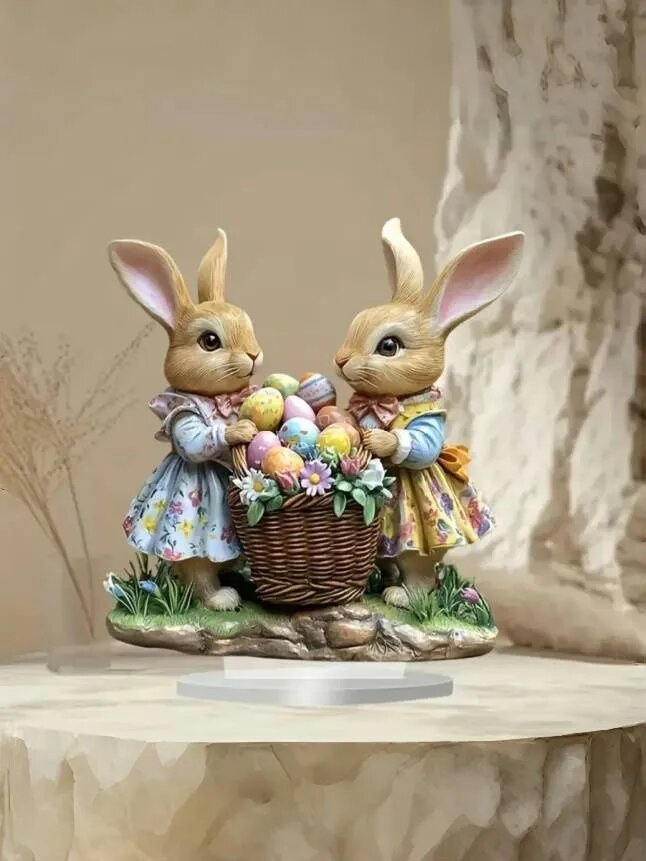 Фигурка садовая Пасхальные кролики с корзиной яиц из керамики для декора сада и дома