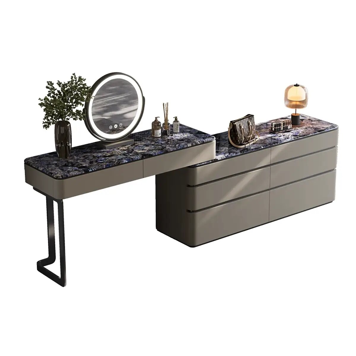 Туалетный столик с комодом 120 см Milana (столик 120 см + комод 120 см + зеркало без пуфа, синий мрамор)