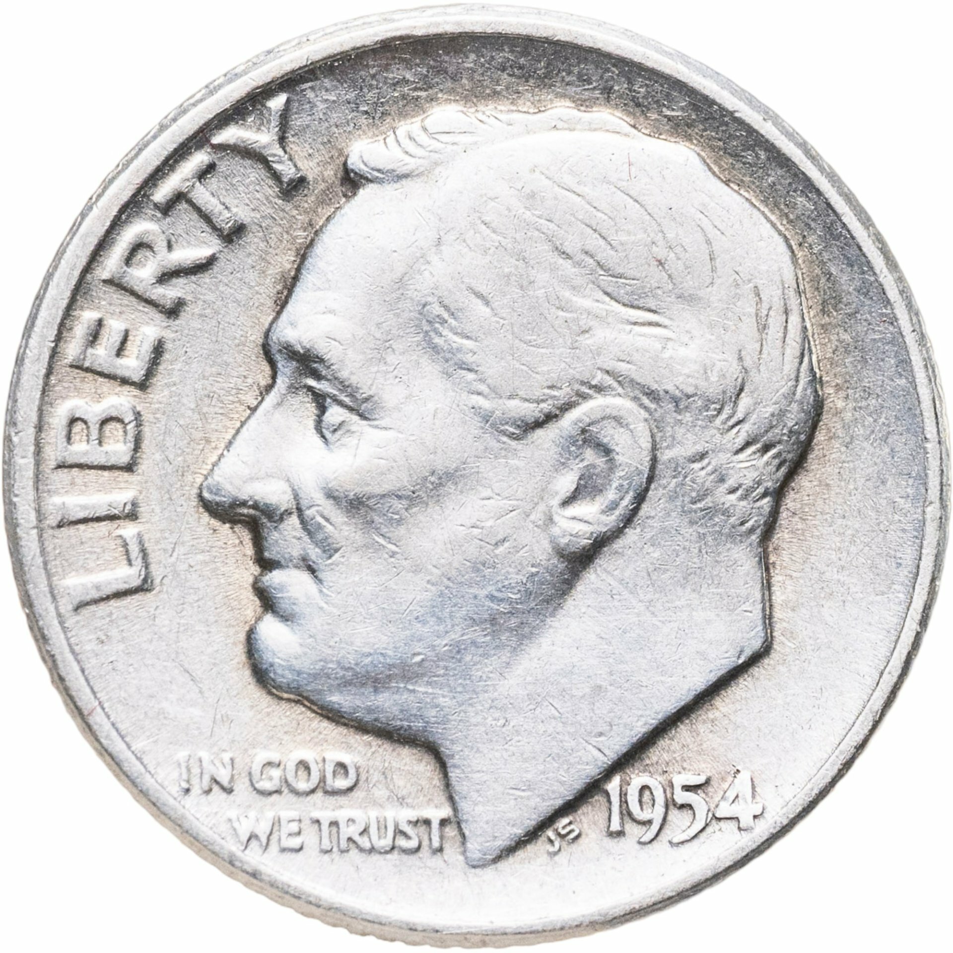 США 10 центов дайм, one dime 1954 Silver Roosevelt Dime Рузвельт без обозначения монетного двора, Серебро 900, в сохранности VF