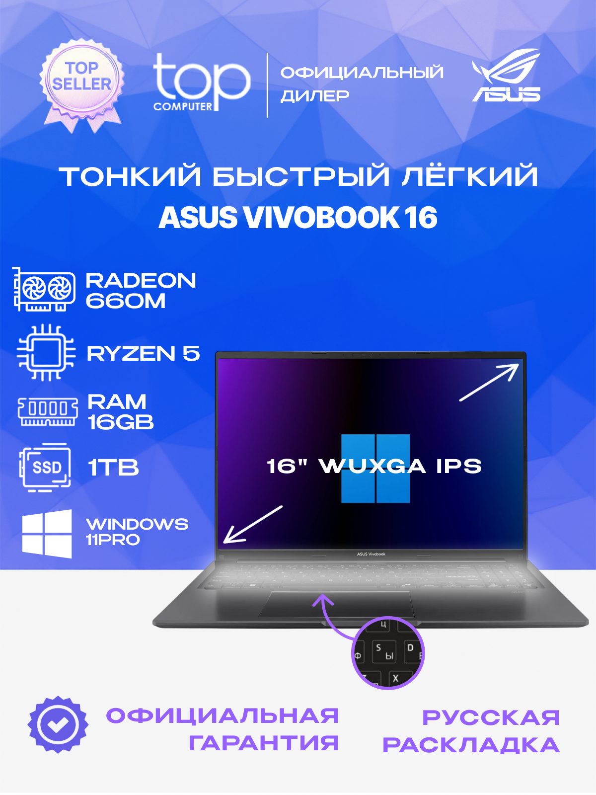 Ноутбук Asus VivoBook 16 16"WUXGA; IPS/Ryzen 5 150/16GB/SSD 1TB/660M/Win11pro/черный