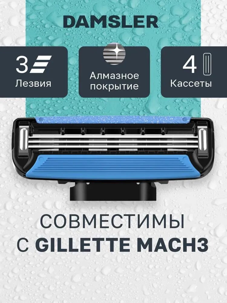 4 сменные кассеты DAMSLER FLIP3, 3 лезвия. Лезвия для бритвы совместимы с известными станками