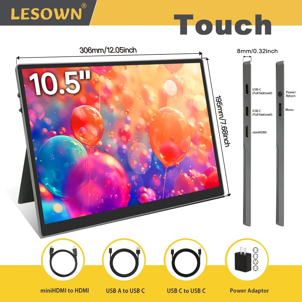 LESOWN 10.5" Портативный Монитор Touch, EU Plug