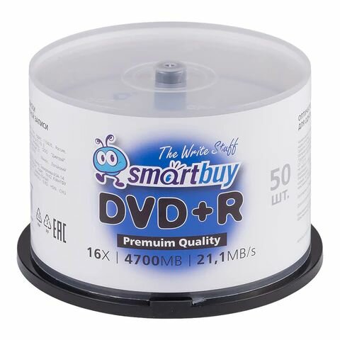 Диски DVD+R (плюс) SMARTBUY, 4,7 Гб, 16x, Cake Box (упаковка на шпиле), комплект 50 шт, SBDVPR50