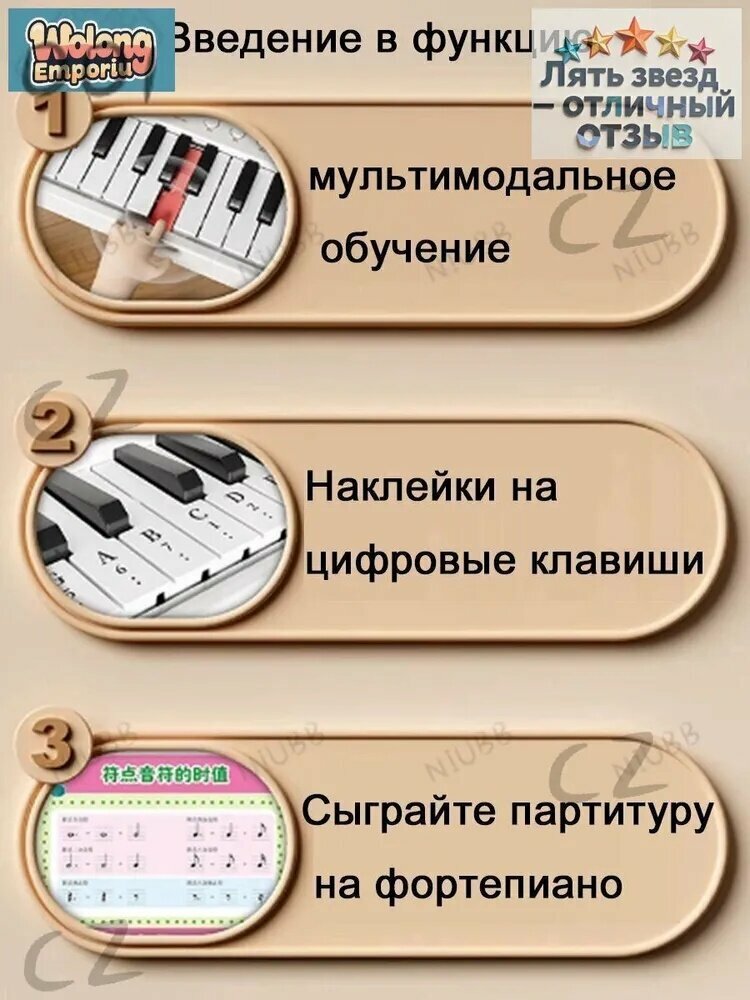 Детский музыкальный рояль с 37 клавишами, микрофоном и табуретом, бело-розовый — фото 1